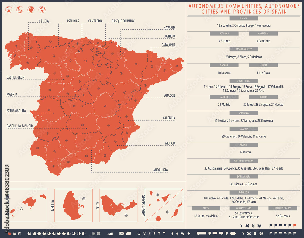 Infographics map of Spain with administrative division into Autonomous communities and ...