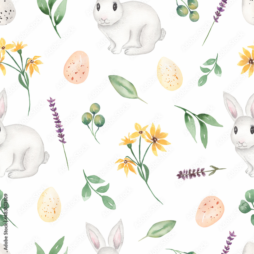 Watercolor Easter Seamless Paper, White Bunny pattern, wildflower ...