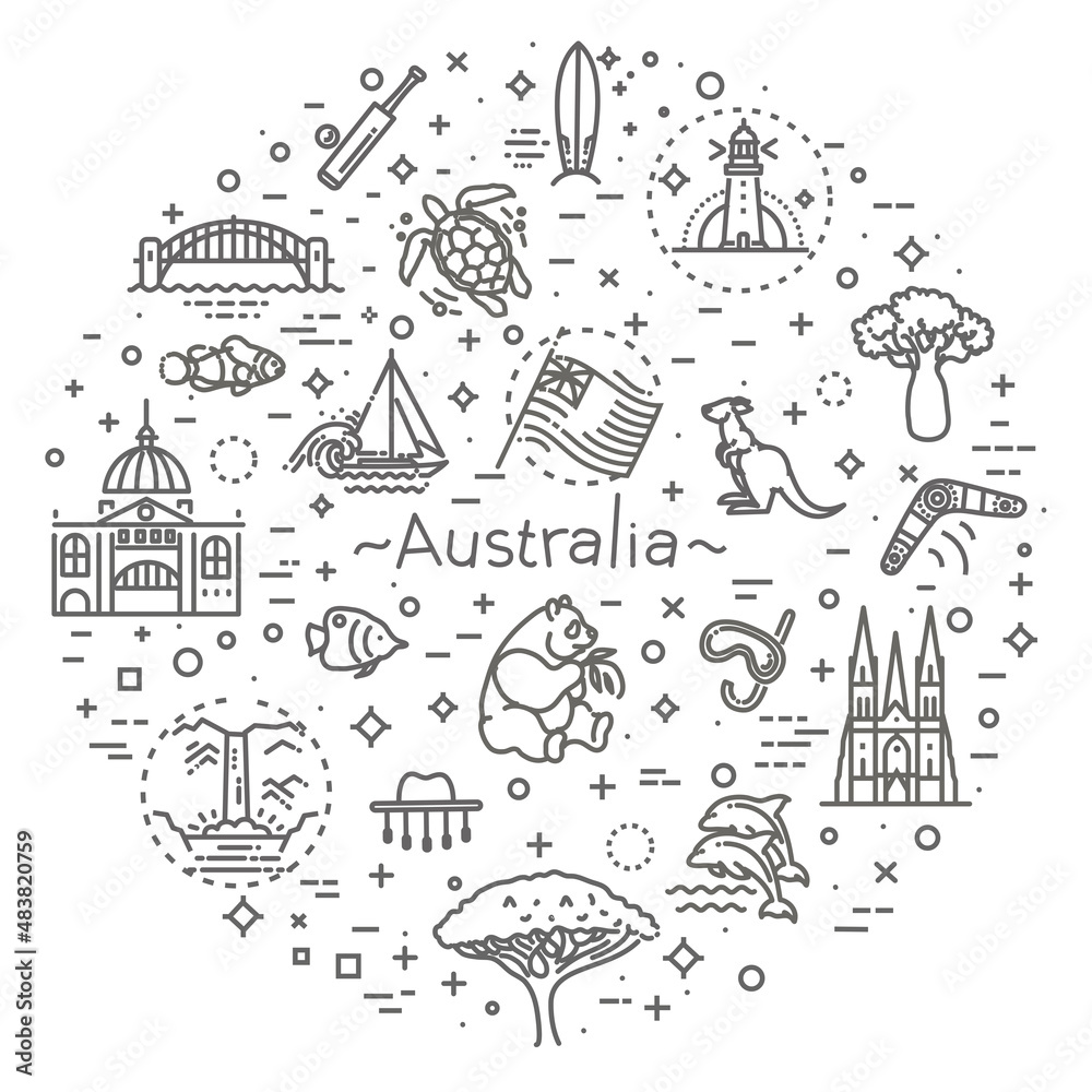 Vector graphic set. Australian culture, animals, traditions. Sign ...
