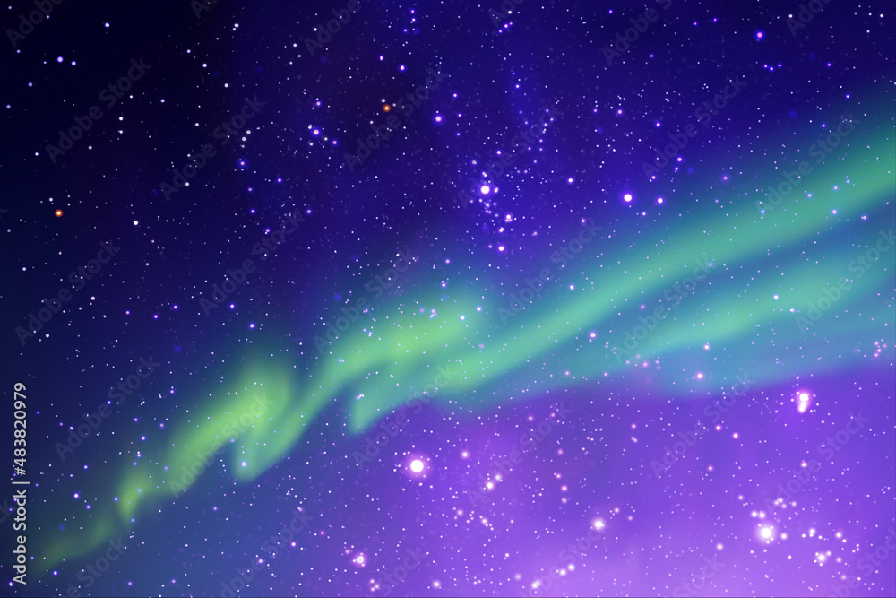 Night starry sky. Milky Way and Northern lights. Green aurora borealis ...