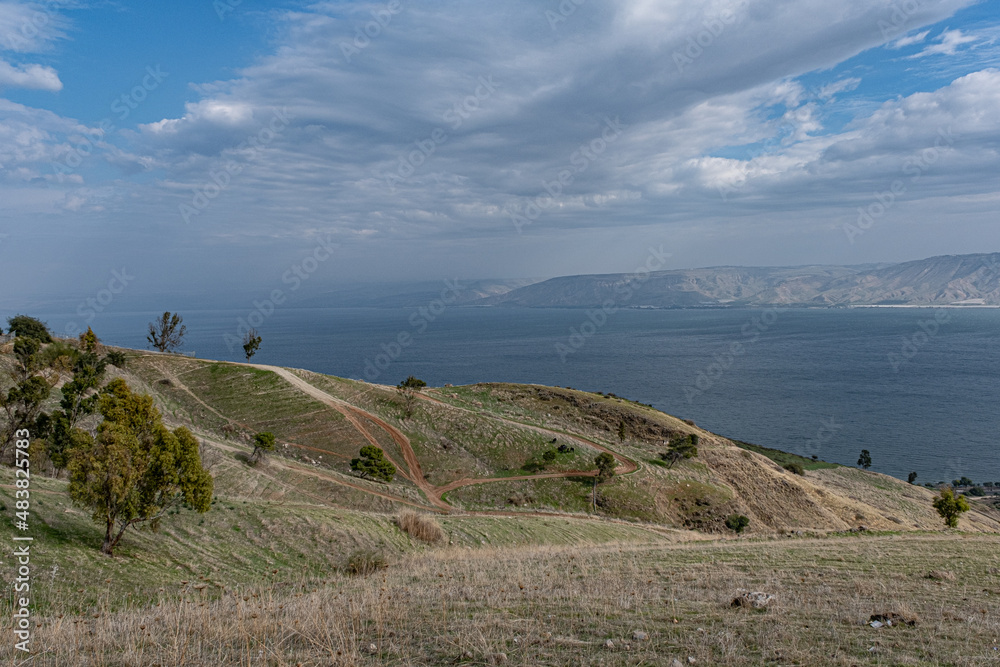 View of the Sea of Galilee, its eastern coast, and the Golan Heights as ...