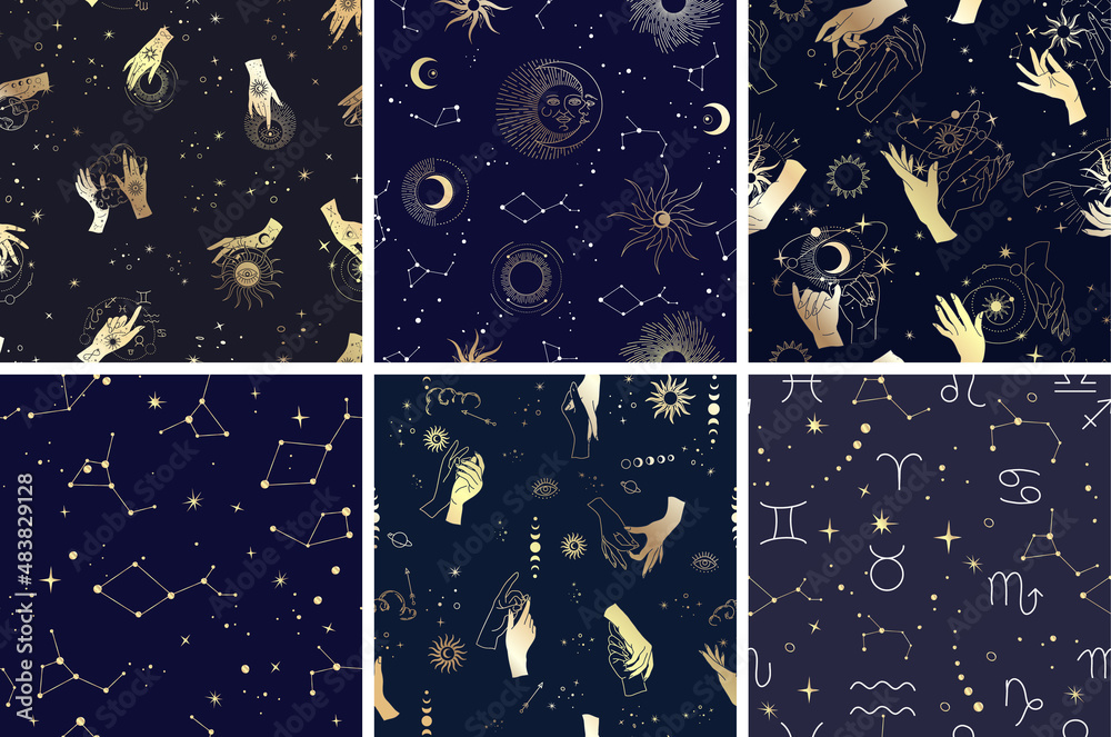 Vector seamless pattern with celestial mystic esoteric magic elements ...