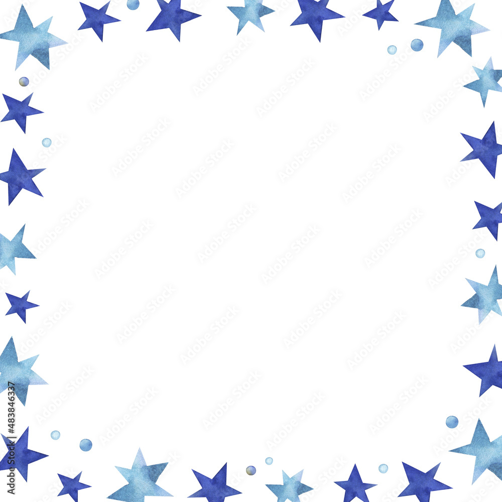 Shades of blue watercolor stars clipart square frame, white background ...