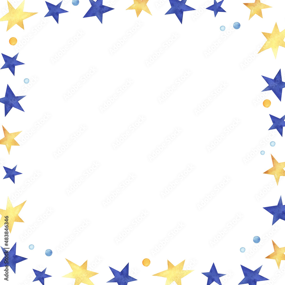 Blue and yellow watercolor stars clipart square frame, white background ...
