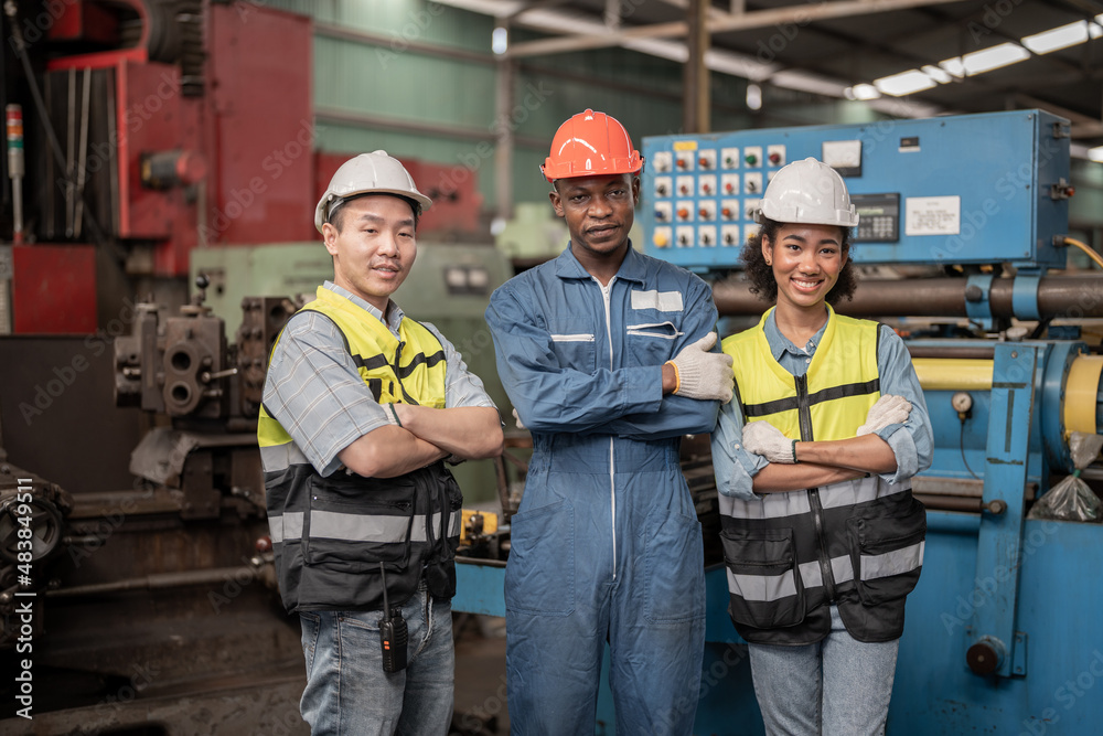 Group of Diversity factory worker people standing when success the ...