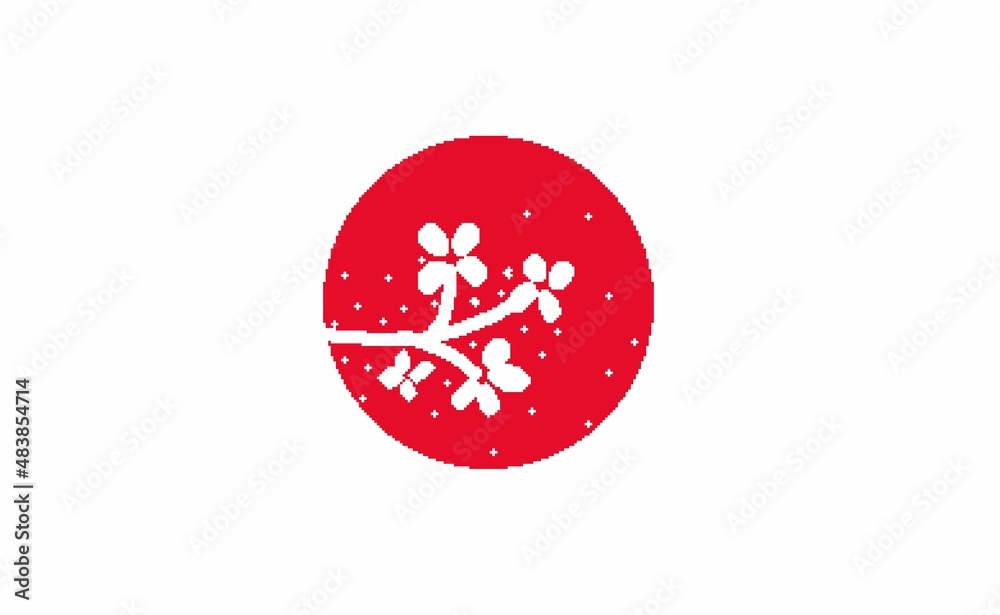 Pixel art flag of Japan with sakura pattern isolated on white ...