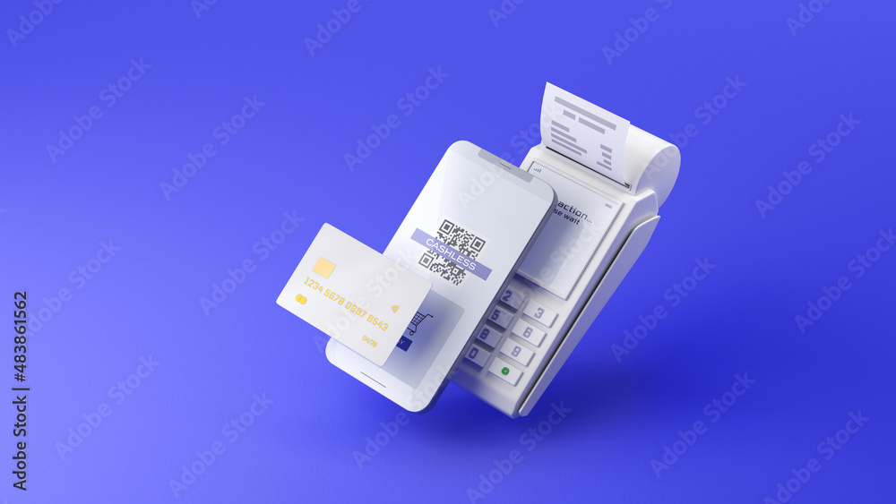 Icons of credit card with chip, POS terminal with receipt and ...