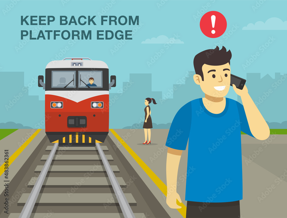 Railroad safety rules and tips. Young man waiting his train and calling the phone on platform ...