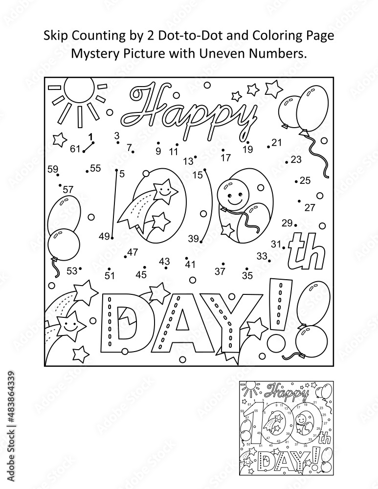 Vetor de Skip counting “Happy 100th Day!” celebration connect the dots ...