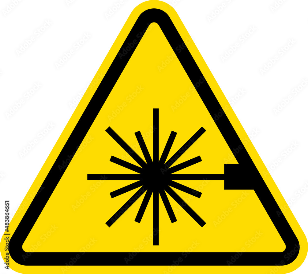 Laser beam warning sign. Triangle yellow background. Safety signs and ...