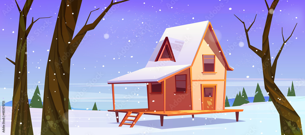 Village house on hill with snow and bare trees in winter. Vector ...