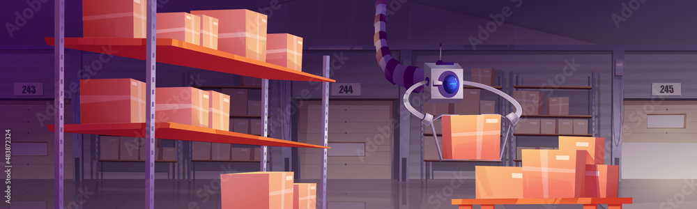 Warehouse with automated robot, cardboard boxes on shelves and pallet ...