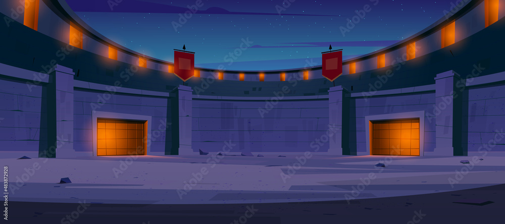 Ancient roman arena for gladiators fight at night. Vector cartoon ...
