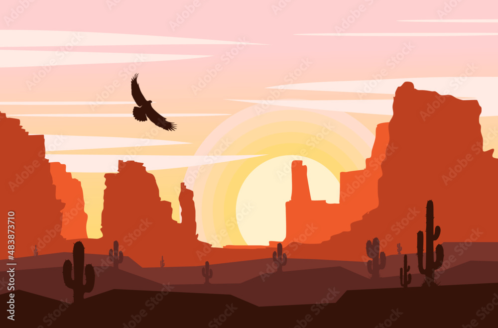 sunset in the desert and barren cliffs for an aesthetic background with ...