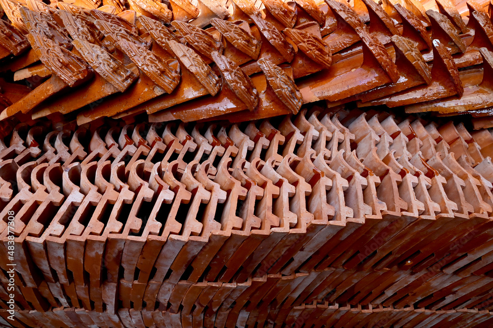 Stack of Red roof tiles for a Buddhist Temple restoration at Thailand ...