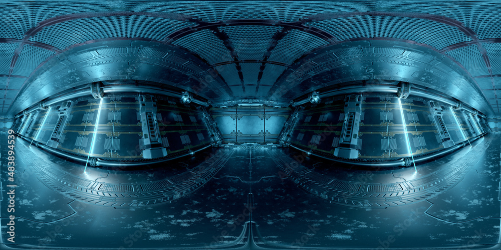 HDRI panoramic view of dark blue spaceship interior. High resolution ...