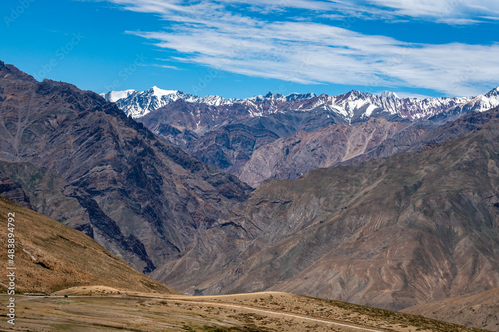 nature scenic landscape of cold desert with snow capped mountains or ...