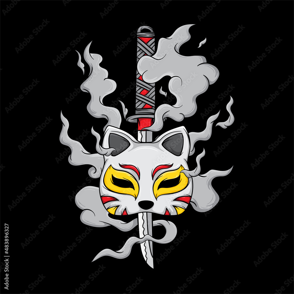 Katana Sword and Cat mask with Smoke Hand Drawn Illustration Stock ...
