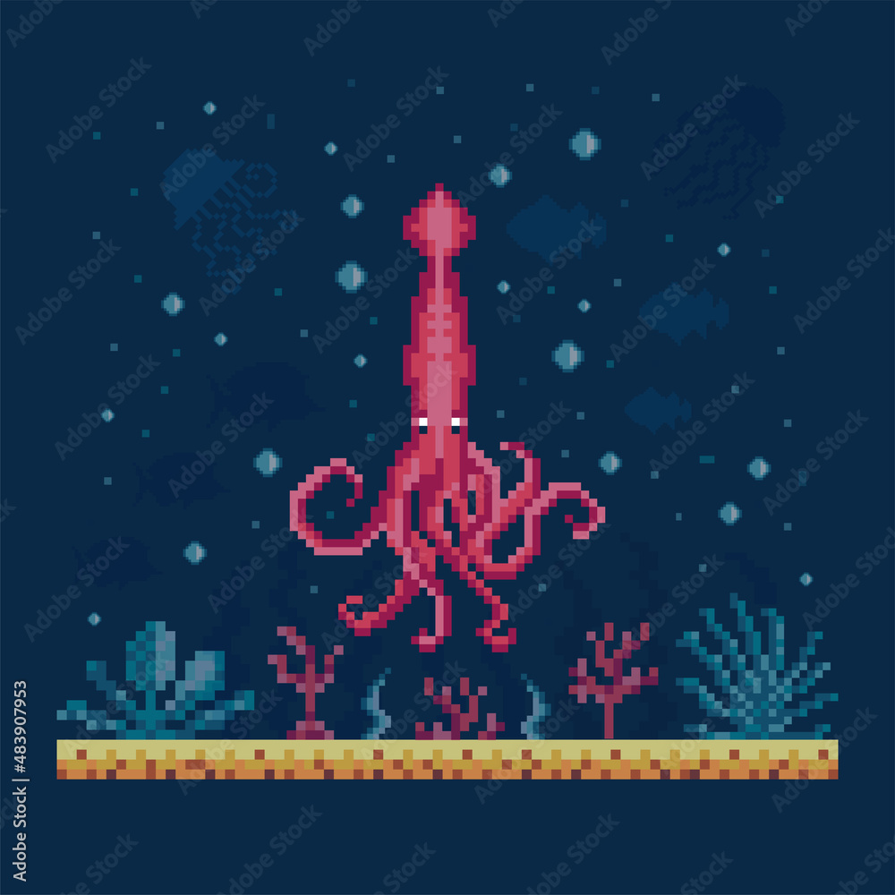 Pixel Art Squid on Seabed Landscape Stock Vector | Adobe Stock