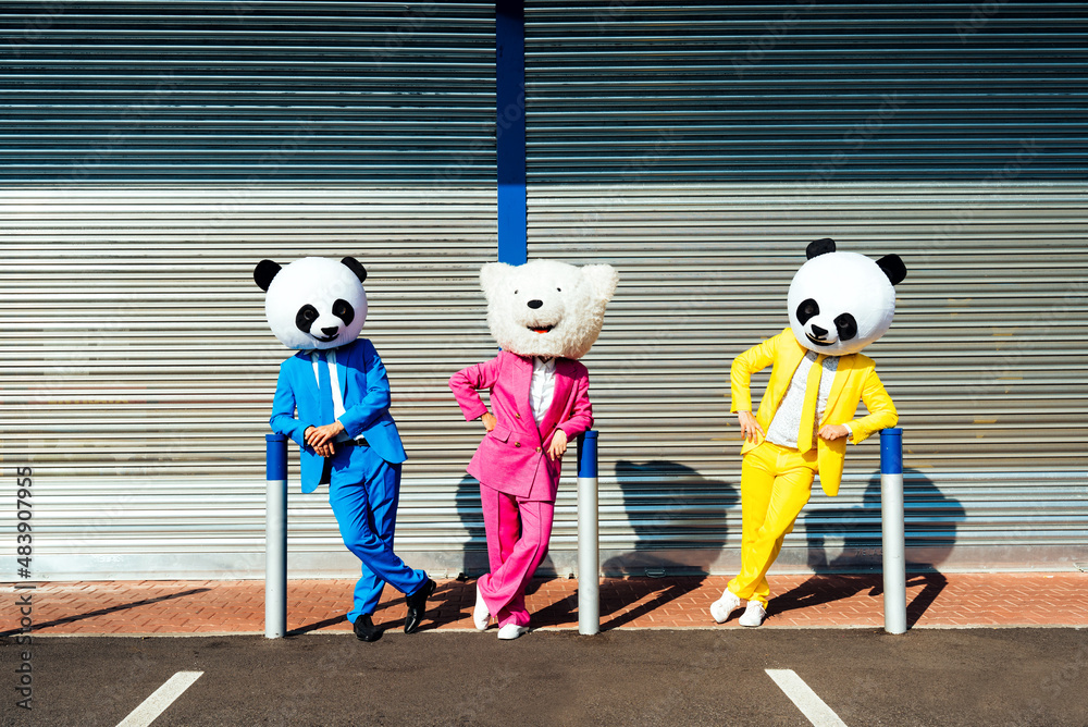 Storytelling image of a group of friends wearing giant panda head. Men ...