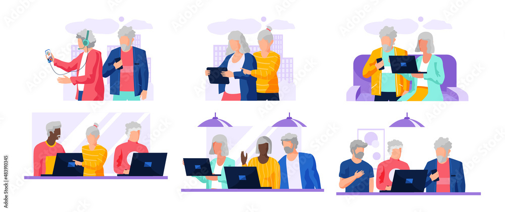 Elderly people and modern digital technology pensioners men and woman ...