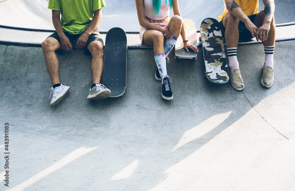 skater portraits at the skate park. Group of teenagers having fun with ...