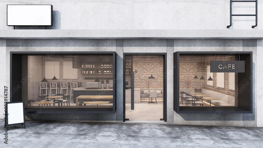 Front view Cafe shop & Restaurant design. Modern Loft wall concrete ...