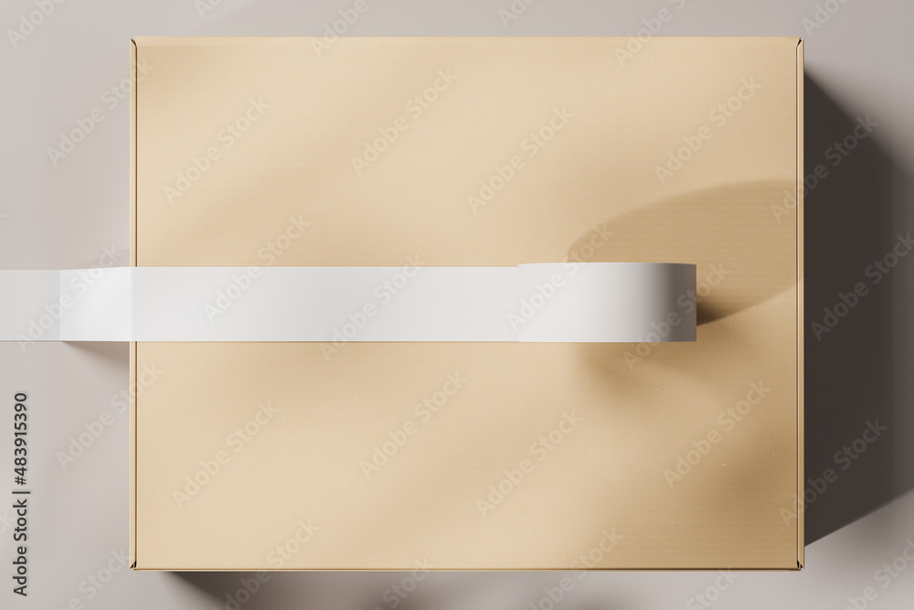 Packing tape and cardboard box. View from above. Mock up. 3d rendering ...