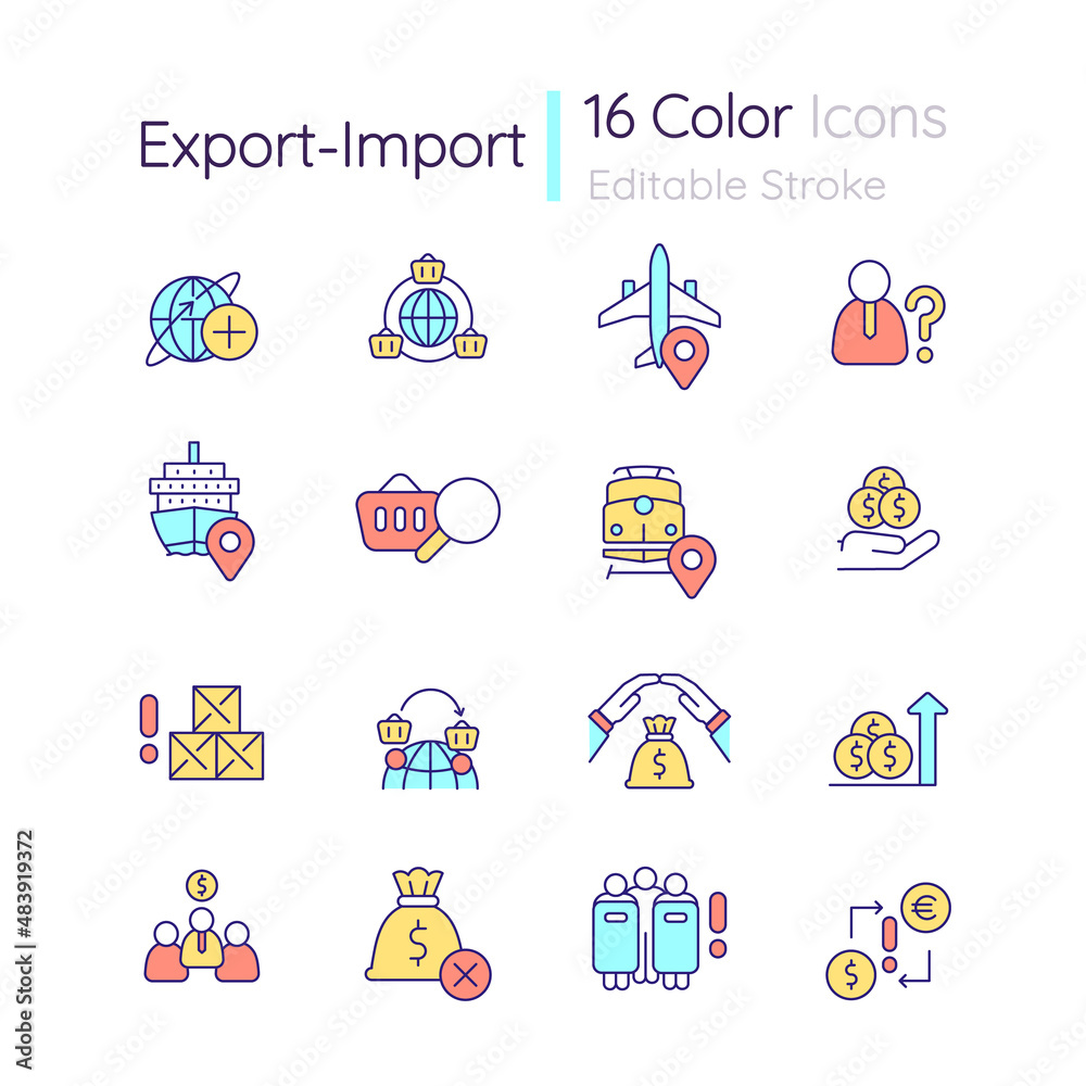 Export and import business RGB color icons set. International trading ...