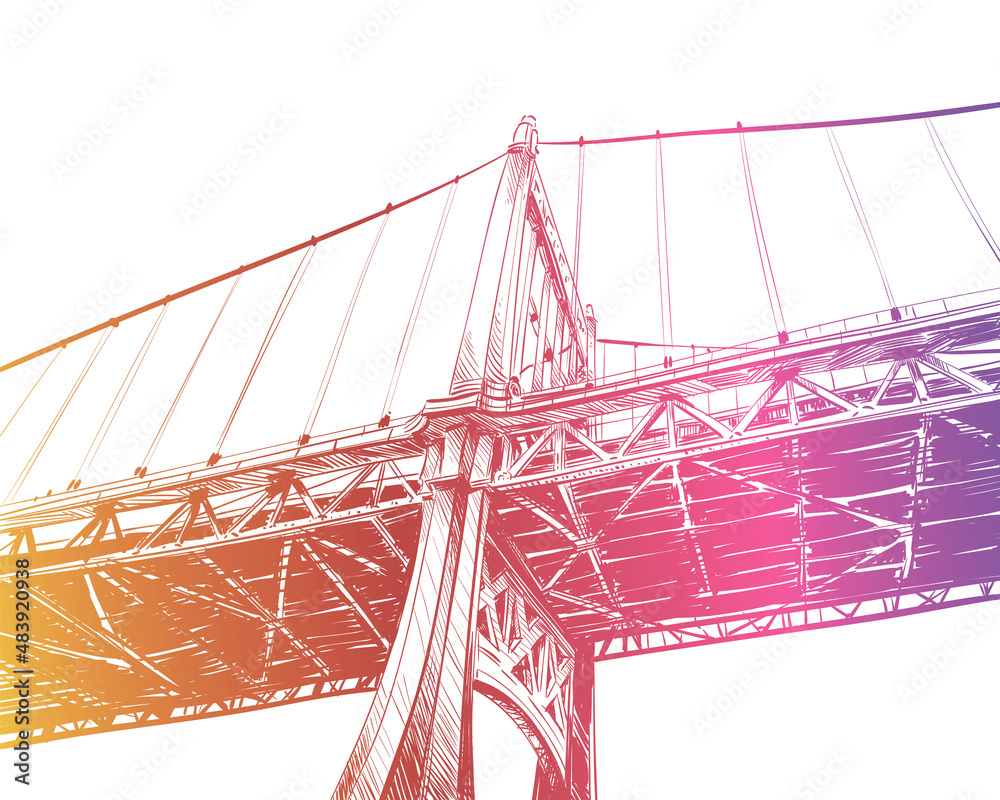 Manhattan bridge hand drawn industrial illustration. New York city ...