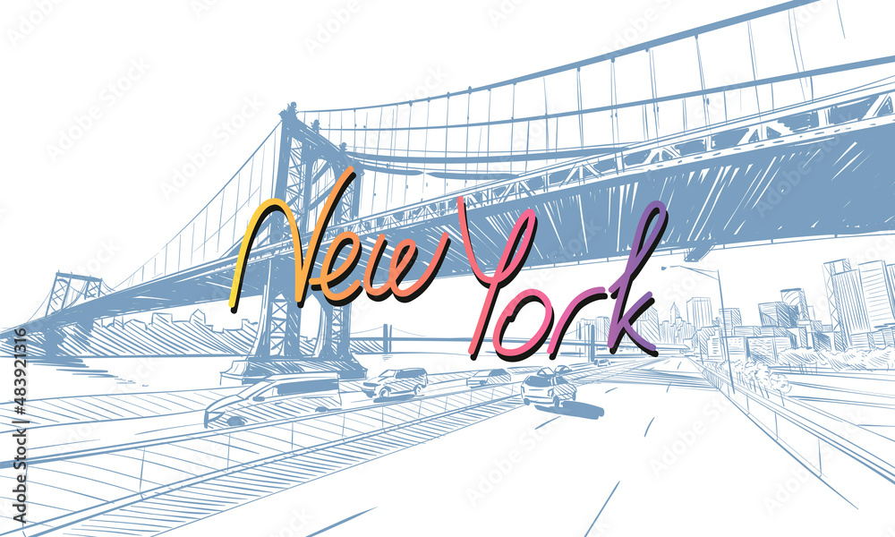 Manhattan bridge hand drawn industrial illustration. New York city ...