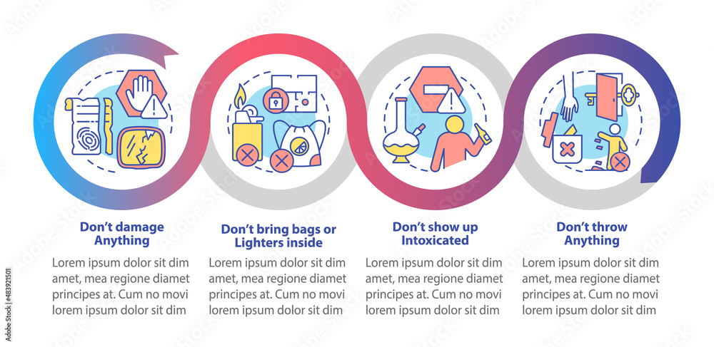Escape room regulations loop infographic template. Fire hazard. Data ...