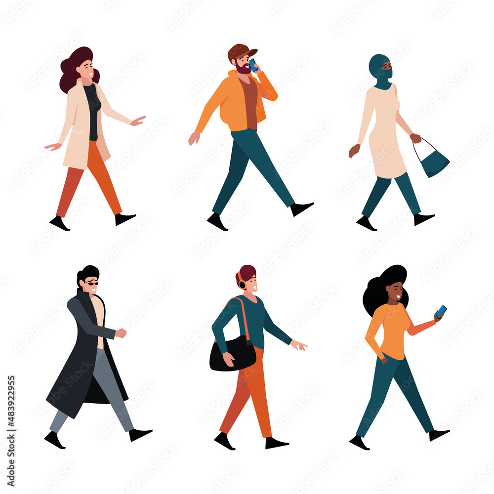 Walking characters. People outdoor couples walking in park city ...