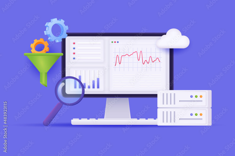 Big data analysis concept 3D illustration. Icon composition with graphs and dashboards on ...
