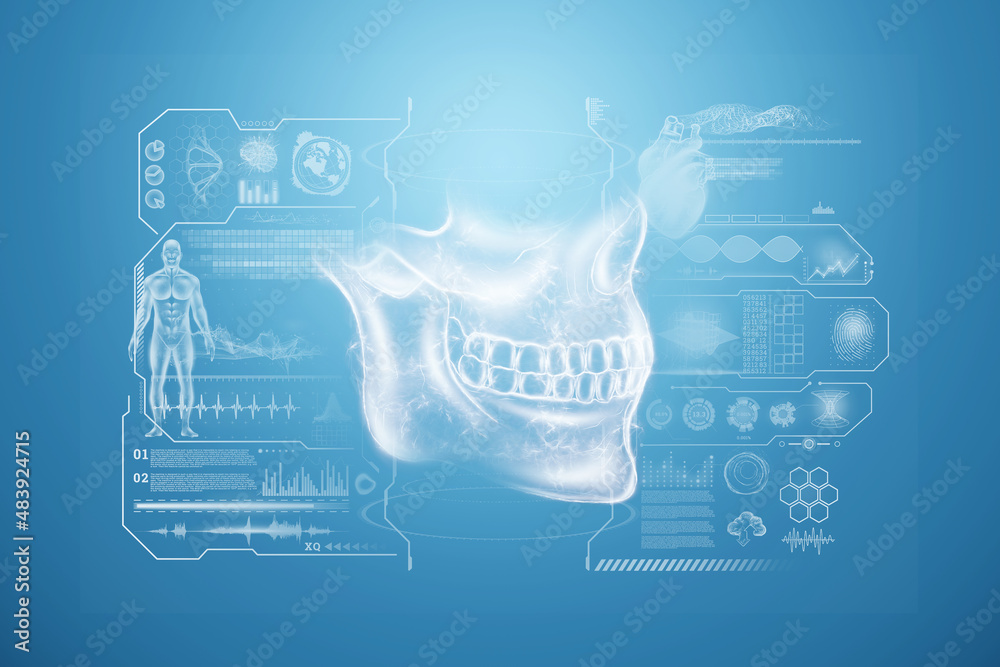 Medical poster, human skull anatomy, jaw x-ray, teeth snapshot. Copy ...