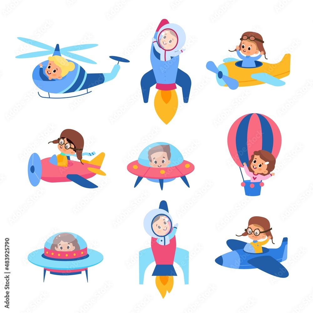 Kids in air transport. Happy children fly in airplanes, rockets and ...