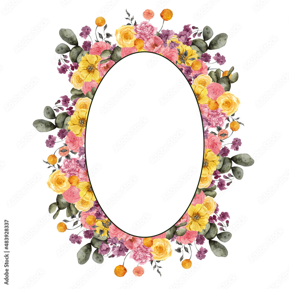 Watercolor frame with cactus and pretty flowers, isolated on white ...