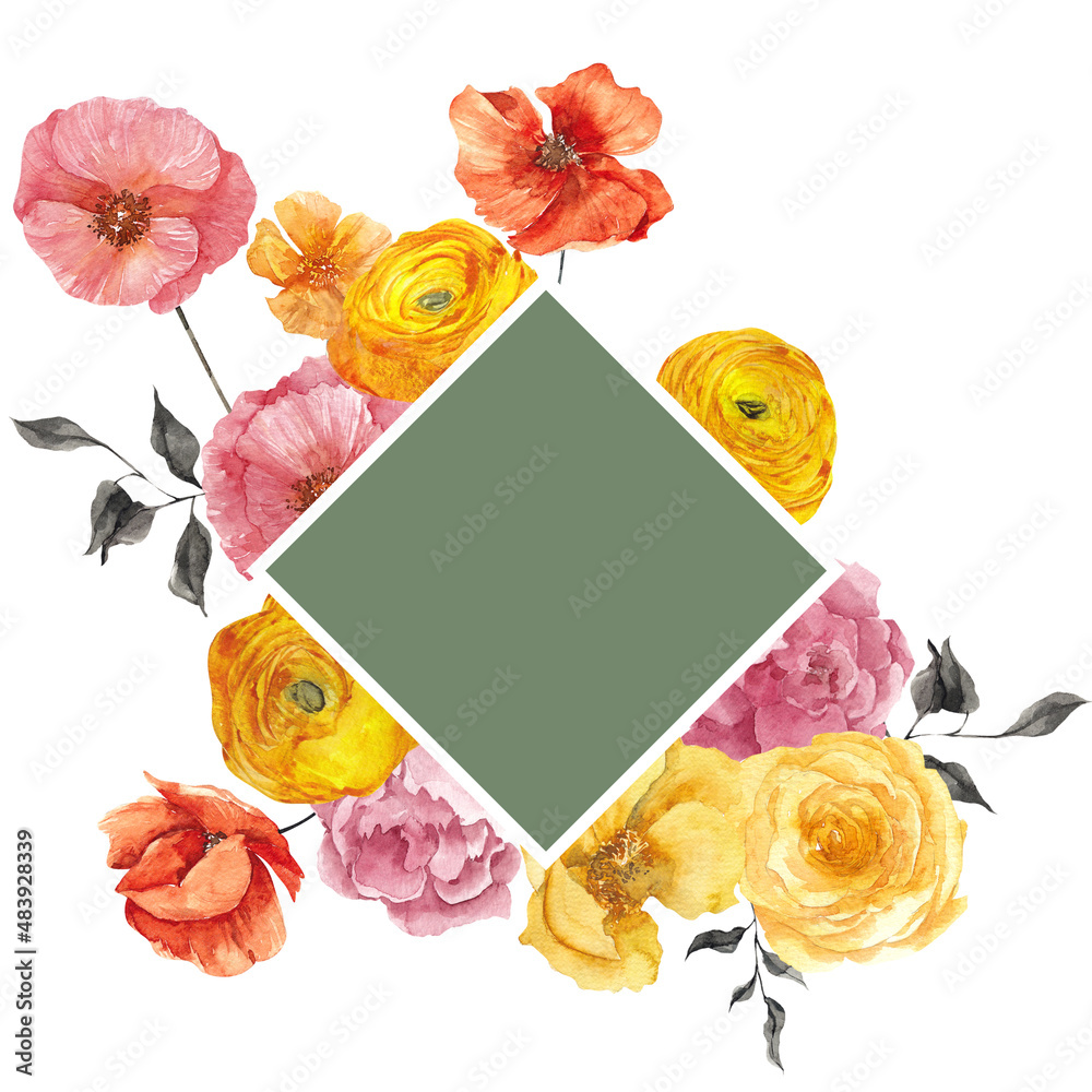 Watercolor frame with cactus and pretty flowers, isolated on white ...