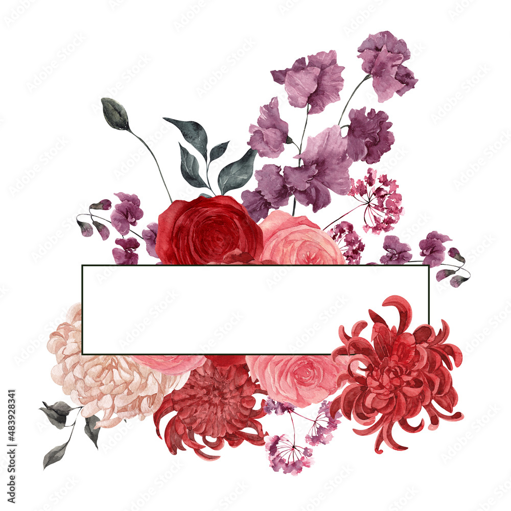 Watercolor frame with cactus and pretty flowers, isolated on white ...