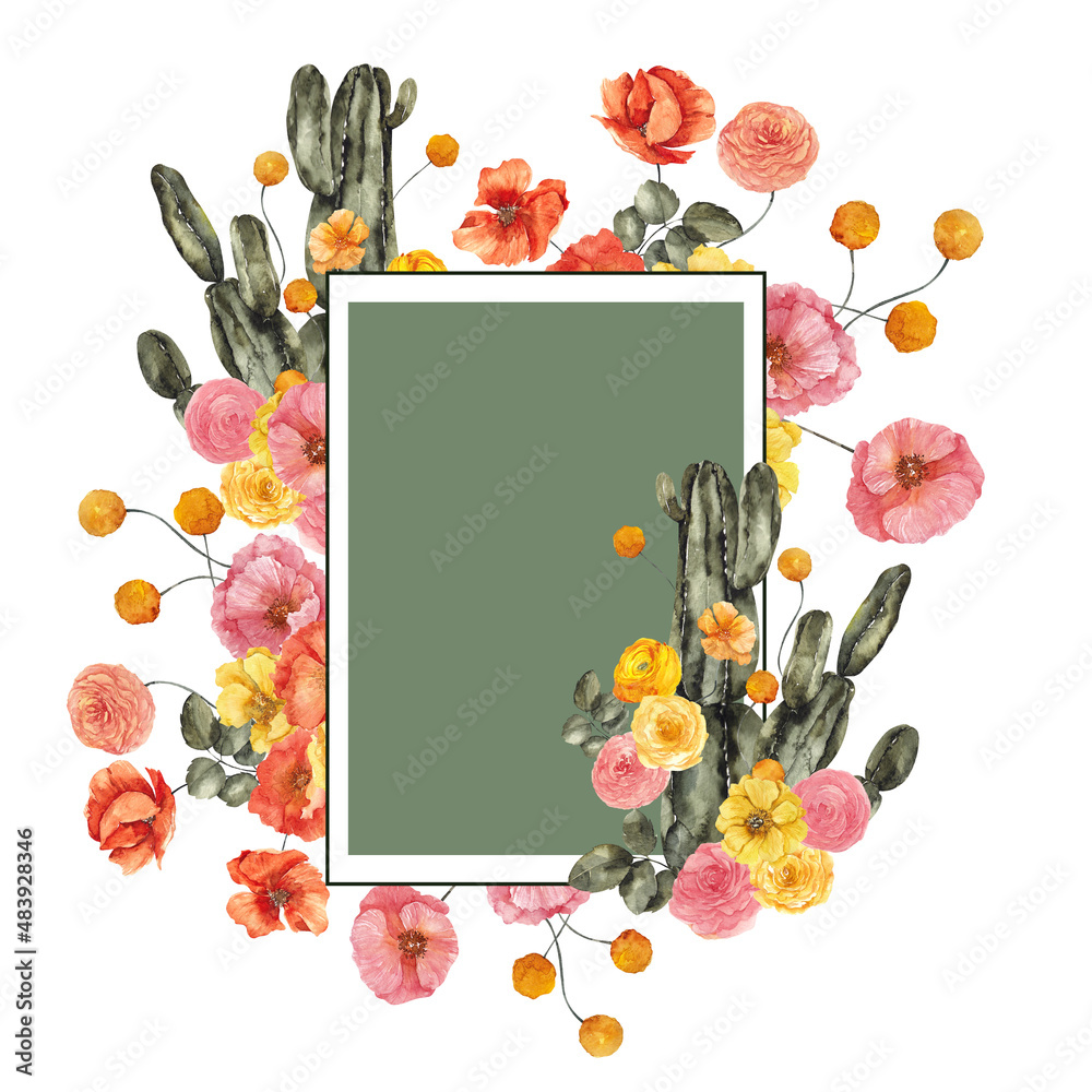 Watercolor frame with cactus and pretty flowers, isolated on white ...