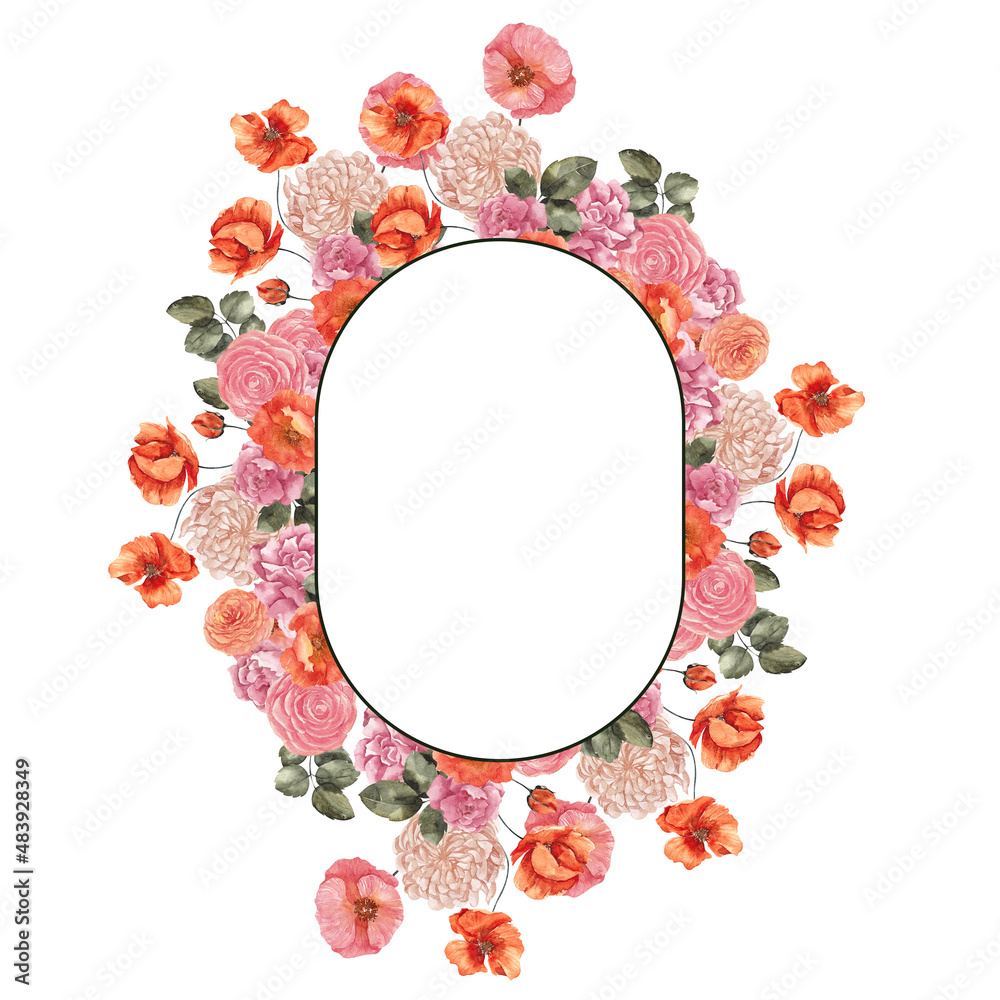 Watercolor frame with cactus and pretty flowers, isolated on white ...