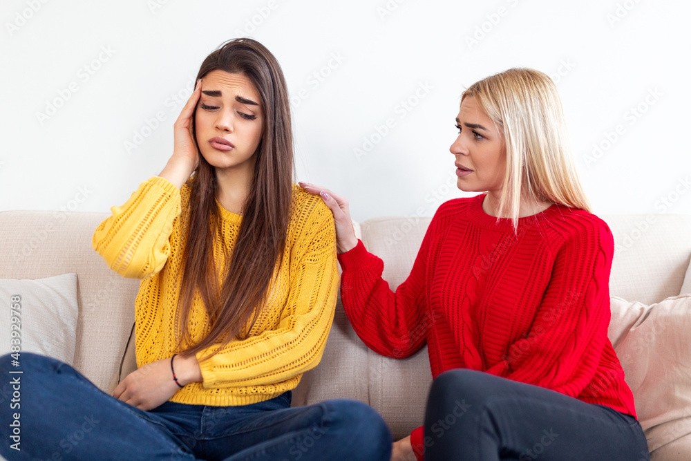 Sad women and supporting friends trying to solve a problem. Two sad ...