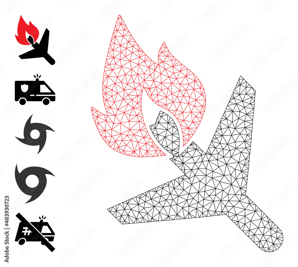 Vector fired airplane mesh icon structure. Abstract flat mesh fired ...