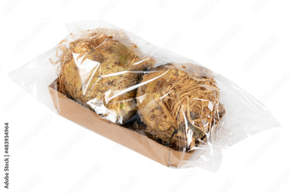 Packaged and labeled root celery on an isolated white background Stock ...
