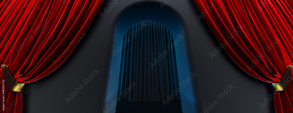 3D render, red curtain, vip door entrance, black arc door with red ...
