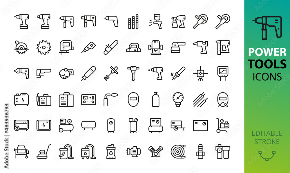 Power tools and industrial equipment isolated icons set. Set of ...