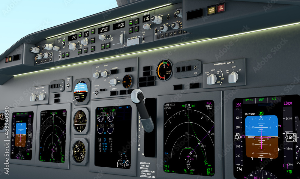 Aircraft close up cockpit view with cockpit lighting Stock Photo ...