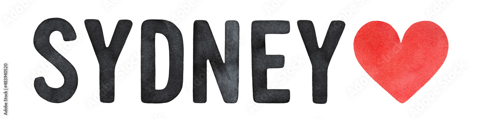 Watercolor lettering of Sydney word. Capital of New South Wales state ...