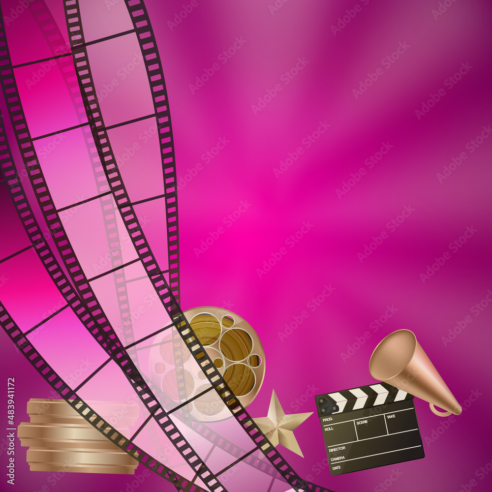 cinema pink background with clapper, rolls, star and filmstrips. vector ...