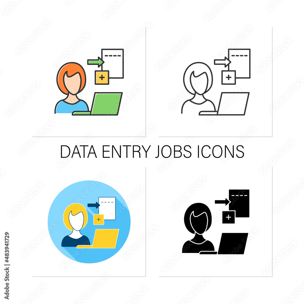 Data entry jobs icons set.Handle different types of electronic data ... Data entry jobs icons set.Handle different types of electronic data ...